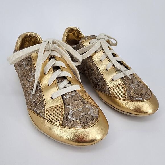 Coach | Shoes | Coach Reese Gold Signature Jacquard Sneakers Womens ...